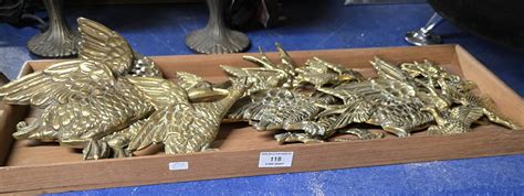 Wooden Tray Containing Quantity Of Brass Wall Mounted Flying Ducks And Wall Mounted Swallows