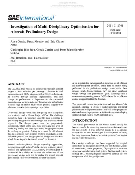 Pdf Investigation Of Multi Disciplinary Optimisation For Aircraft Preliminary Design