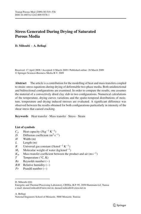 Pdf Stress Generated During Drying Of Saturated Porous Media
