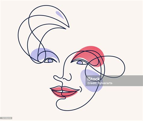 추상적인 여성 얼굴 벡터 아트 워크 현대 트렌디 한 여성 초상화 아트 손으로 그린 초현실적 인 아름다움 최소한의 예술 디자인 그을렸을 인간의 머리 개성 개념에 대한 스톡