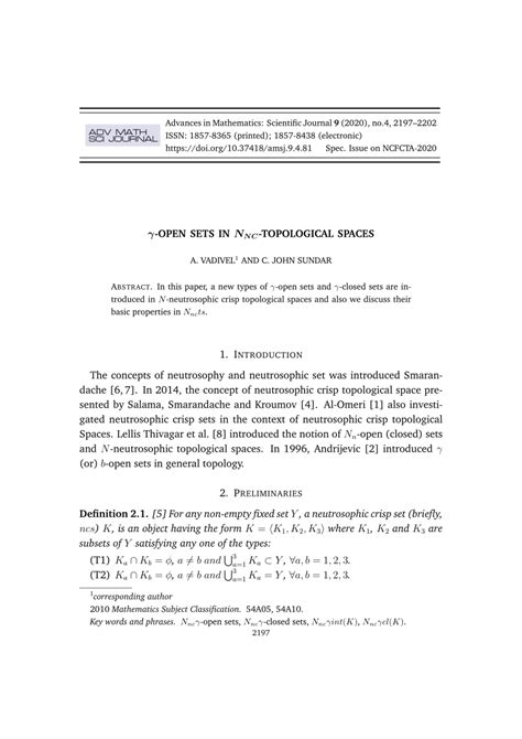 Pdf γ Open Sets In Nnc Topological Spaces