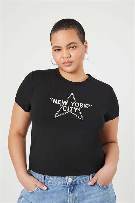 Forever21 Plus Size Rhinestone New York Cropped Tee