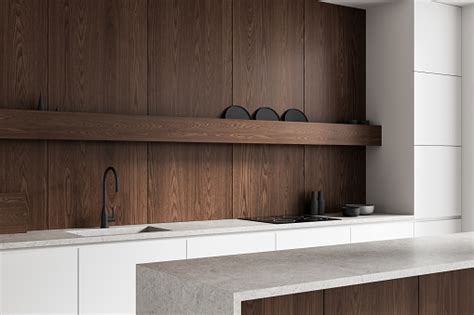 목재 패널 벽 흰색 캐비닛 제품 모형 및 프레젠테이션 디스플레이 설정을 위해 설계된 콘크리트 조리대가 있는 현대적인 주방 인테리어 3d 렌더링 0명에 대한 스톡 사진 및