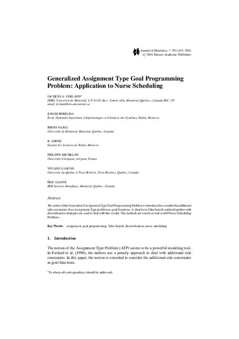 Pdf Generalized Assignment Type Goal Programming Problem Application To Nurse Scheduling