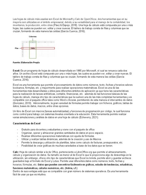 Las Hojas De Cálculo Más Usadas Son Excel De Microsoft Y Calc De