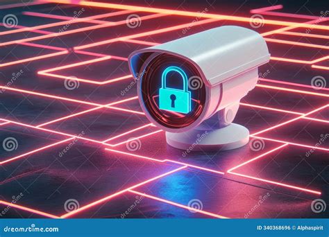Security Camera Showing Lock Icon Protecting Network With Red Laser