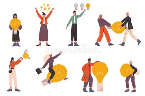 Cartoon People With Idea Bulb Searching Solution Funny Men And Women With Big Burning Lamps