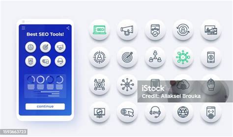 Seo 디지털 마케팅 및 웹 사이트 랭킹 라인 아이콘은 스마트 폰 모형으로 설정됩니다 마케팅에 대한 스톡 벡터 아트 및 기타 이미지 마케팅 해양구조물 건설 플랫폼