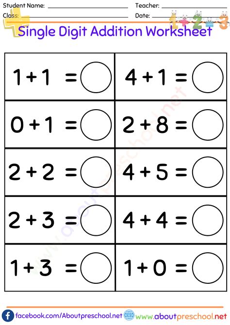 Single Digit Addition Worksheet 5 About Preschool