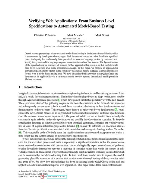 Verifying Web Applications From Business Level Specifications To Automated Model Based Testing