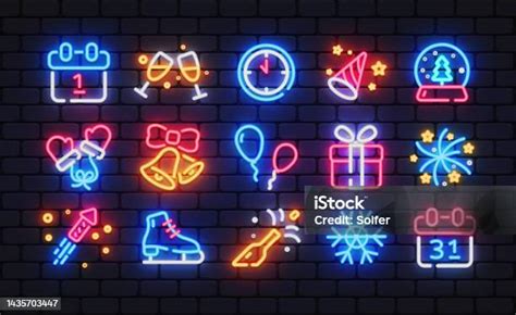 새해 네온 아이콘 어떤 목적으로든 훌륭한 디자인 화려한 배경에 아이콘 새해 복 많이 받으세요 파티 장식 벡터 휴일 일러스트 레이 션 2022년에 대한 스톡 벡터 아트 및