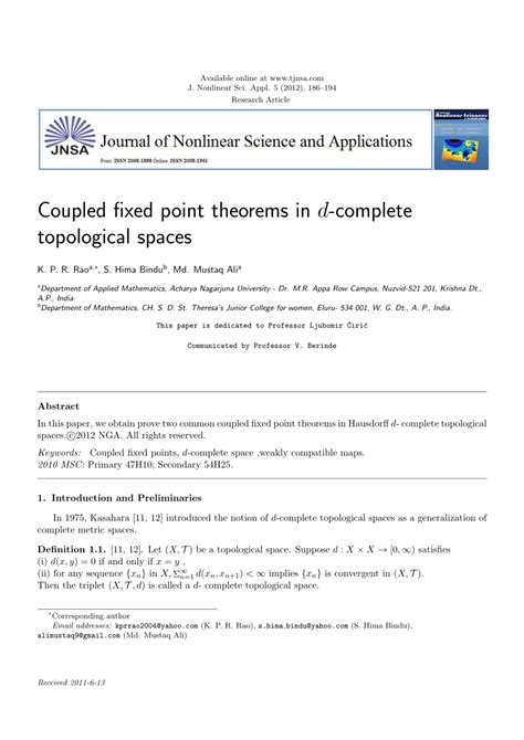 Pdf Coupled Fixed Point Theorems In D Complete Topological Spaces