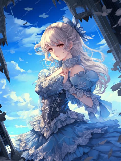 Premium Photo Anime Girl In Blue Dress Standing In A Doorway With A