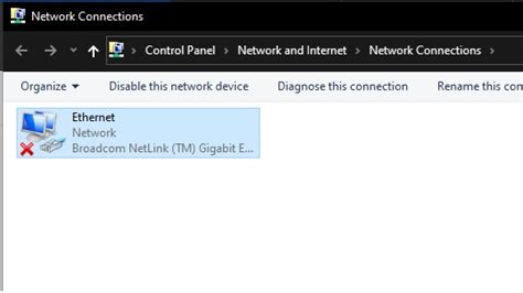 Ethernet Red X Image On Network Adapter Icon In Network Connections