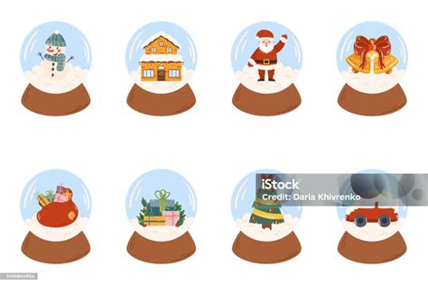 스노우 글로브의 만화 손으로 그린 컬렉션 눈사람이 있는 스노우 볼 장식된 집 산타클로스와 사슴 크리스마스 트리 선물이 든 가방 종과 빨간 리본 눈 속의 자동차 소나무 가지가