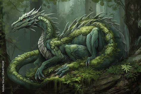 A Forest Dragon With Green Leaf Like Scales And A Serpentine Tail