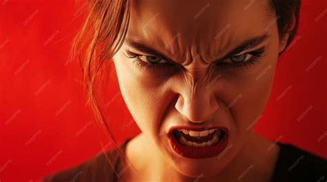 A Woman Angry Expression Captured Against A Vibrant Red Background