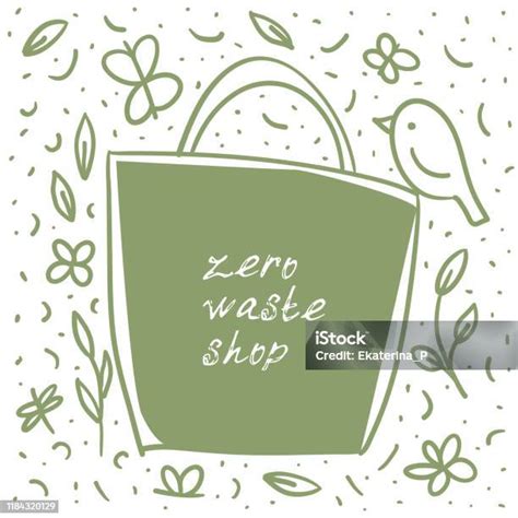 제로 폐기물 가게 로고 가방을 가지고 텍스트 서예 문자 흰색에 손으로 낙서 꽃 잎과 나비 잠자리 새 오염 문제 개념 에코 생태 배너 포스터 베코르 들 0에 대한 스톡 벡터