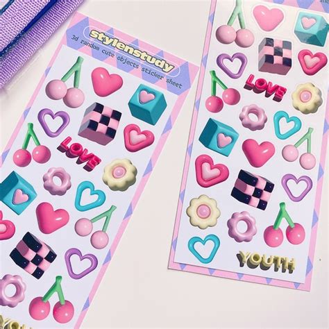 3d Art Style Random Cute Objects Sticker Sheet Cube Heart Etsy