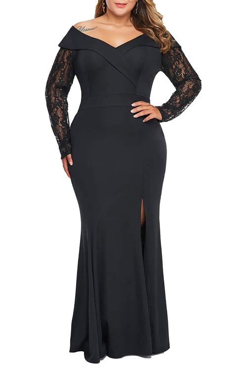 Xakalaka Womens Plus Size Off Shoulder Lace Sleeve Slit Dress Elegant
