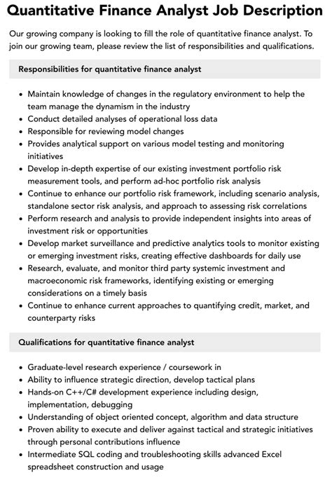 Quantitative Finance Analyst Job Description Velvet Jobs