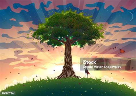 나무와 소녀 비행 연 빛 빔과 여름 일출 그림 하늘과 아름다운 자연 녹색 잔디와 벡터의 초원에 꽃과 판타지 일몰 풍경 계절에 대한 스톡 벡터 아트 및 기타 이미지 Istock