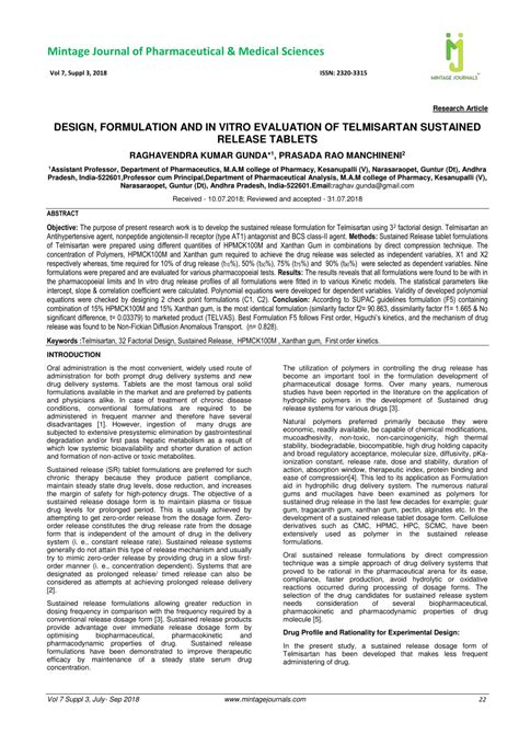 Pdf Design Formulation And In Vitro Evaluation Of Telmisartan Sustained Release Tablets