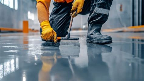 Construction Worker Applying Epoxy Coating In Industrial Setting Stock