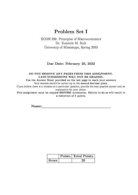 Econ Problem Set I Problem Set I Econ 203 Principles Of Macroeconomics Dr Kenneth M Rich
