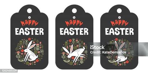 행복한 부활절 봄 꽃의 원형 장식에 흰색 토끼 어두운 배경에 벡터 그림입니다 손으로 그린 텍스트입니다 가축에 대한 스톡 벡터 아트 및 기타 이미지 Istock