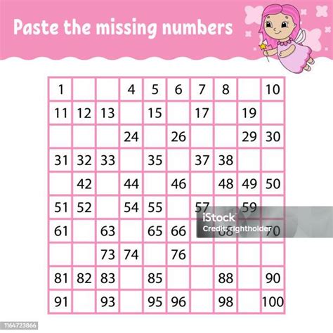 누락된 숫자를 붙여넣습니다 필기 연습 아이들을위한 학습 번호 교육 개발 워크 시트 활동 페이지 어린이를위한 게임 귀여운 만화 스타일의 고립 된 벡터 일러스트레이션 0명에