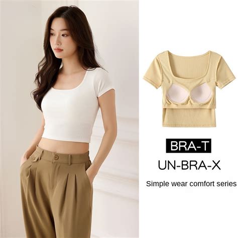 New Women Bra Top Short Sleeve Tank Tops With Chest Pad Summer One