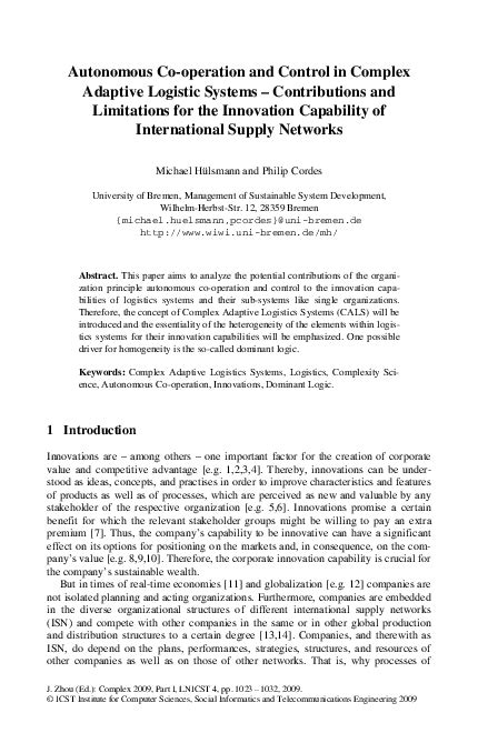 Pdf Autonomous Co Operation And Control In Complex Adaptive Logistic