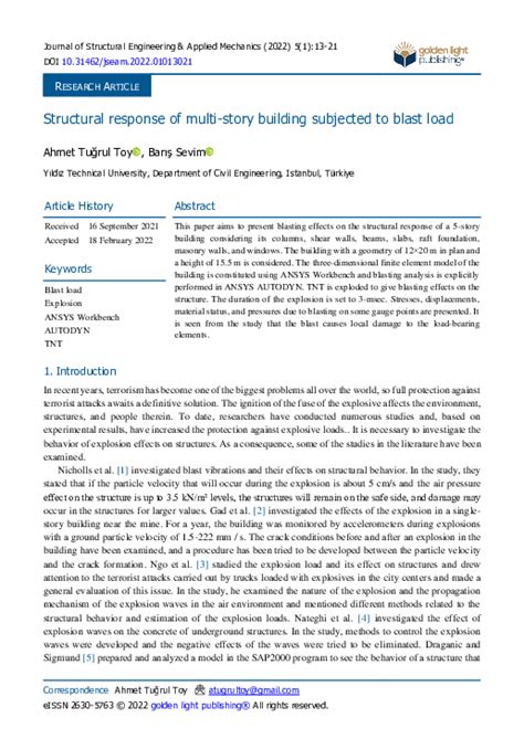 Pdf Structural Response Of Multi Story Building Subjected To Blast Load