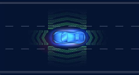 도로에 자율 스마트 자동차는 트래픽을 검색 합니다 도로를 스캔 하 여 거리를 관찰 합니다 자동차의 평면도 미래 개념입니다 벡터 일러스트 사물 인터넷에 대한 스톡 벡터 아트