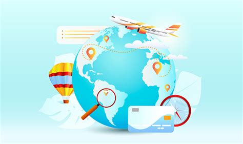 세계 여행 개념입니다 비행기 열기구 신용 카드 나침반 및 관광 휴양지의 이미지가 있는 지구본지도 여행 관광 레저 및 휴가를위한