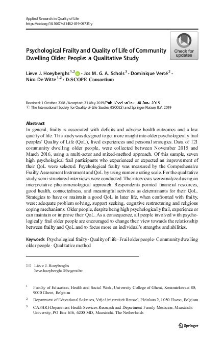 Pdf Psychological Frailty And Quality Of Life Of Community Dwelling Older People A