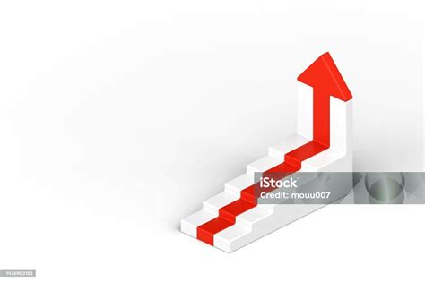 흰색 배경에 흰색 계단이 있는 빨간색 화살표 계단 위로 올라가는 3d 화살표 목표 성공 야망 성취 및 도전의 비즈니스 개념 3d