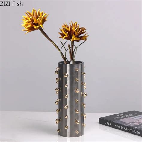 Golden Pearl Dot Cylinder Vase Artificial Flower Decorative Flowers Pot