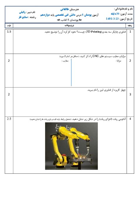 امتحان دانش فنی تخصصی دوازدهم رشته صنایع فلزی هنرستان پودمان 3 و 4 انتخاب مواد در مهندسی و
