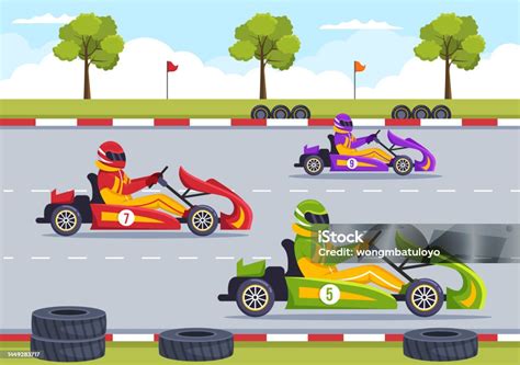 경주 게임과 카트 스포츠 이동 카트 또는 미니 자동차 작은 회로 트랙에 플랫 만화 손으로 그린 템플릿 그림 고카트에 대한 스톡