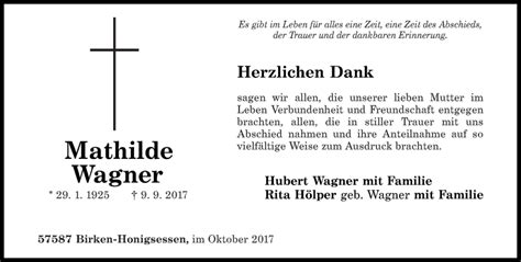 Traueranzeigen Von Mathilde Wagner Rz Trauer De