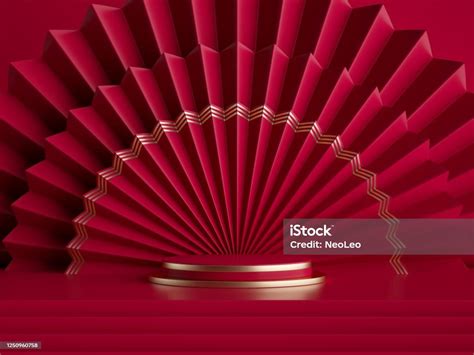 3d 렌더링 빈 받침대 패션 연단 둥근 무대 와 접힌 종이 팬 제품 디스플레이를위한 빈 중국 스타일의 쇼케이스 템플릿과 추상적