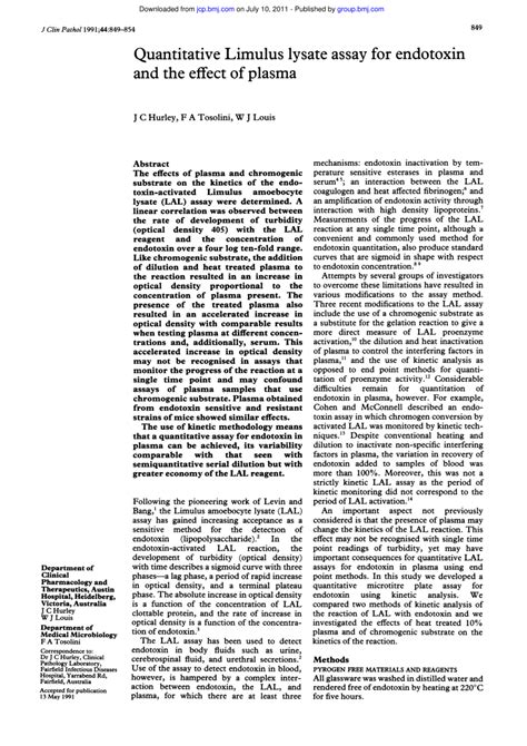 Pdf Quantitative Limulus Lysate Assay For Endotoxin And The Effect Of Plasma
