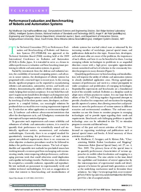 Pdf Performance Evaluation And Benchmarking Of Robotic And Automation Systems Nist