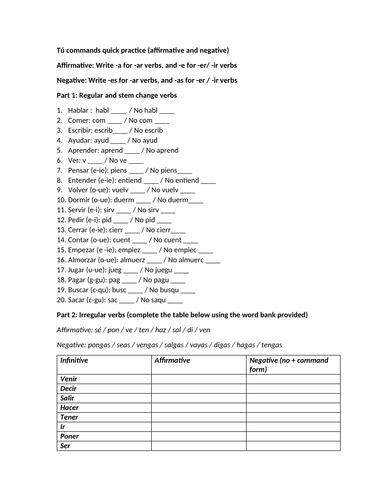 Tú Commands Quick Practice Affirmative And Negative Teaching Resources