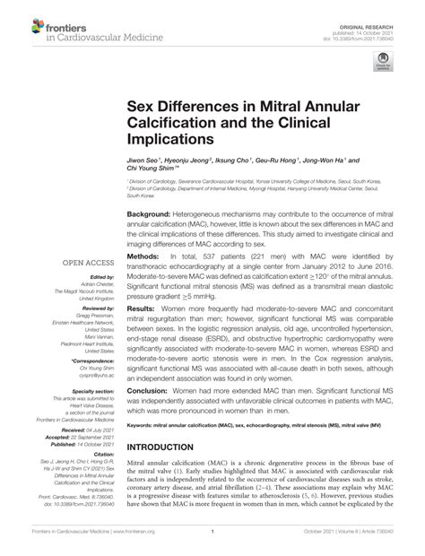 Pdf Sex Differences In Mitral Annular Calcification And The Clinical