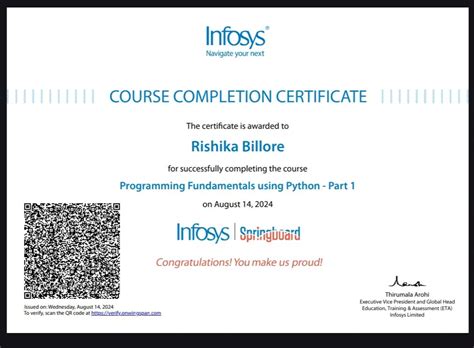 Completed Python Course From Infosys Springboard Rishika Billore