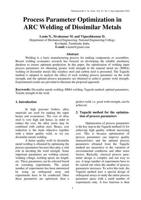 Pdf Process Parameter Optimization In Arc Welding Of Dissimilar Metals