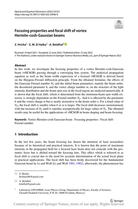 Focusing Properties And Focal Shift Of Vortex Hermite Cosh Gaussian Beams Request Pdf